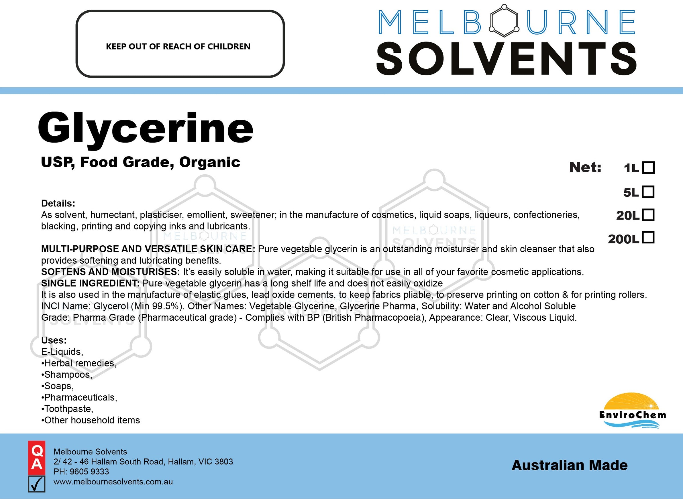 Vegetable Glycerine Organic & Pure (100% Food Grade)